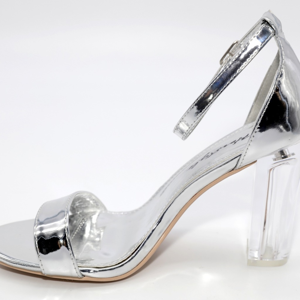 Herstyle Silver Patent Leather Acrylic Block Heels - Gem